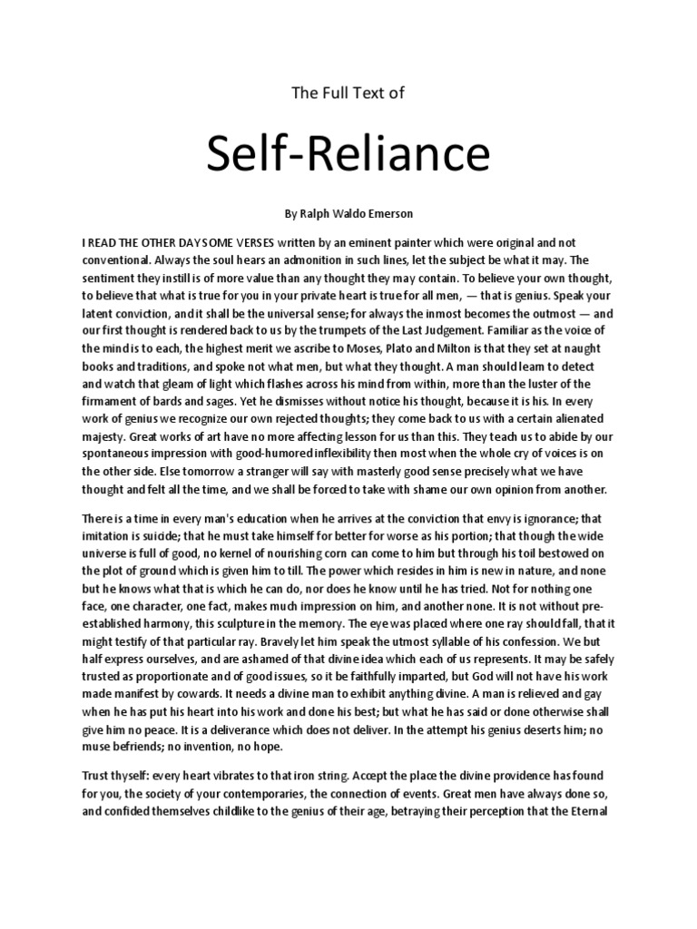 Self Reliance - Ralph Waldo Emerson | PDF | Law | Religion & Spirituality