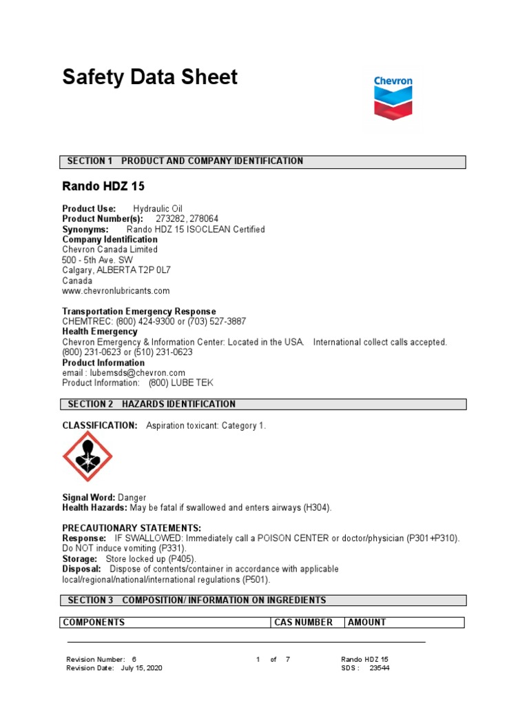 Safety Data Sheet: Rando HDZ 15 | PDF | Toxicity | Personal Protective ...