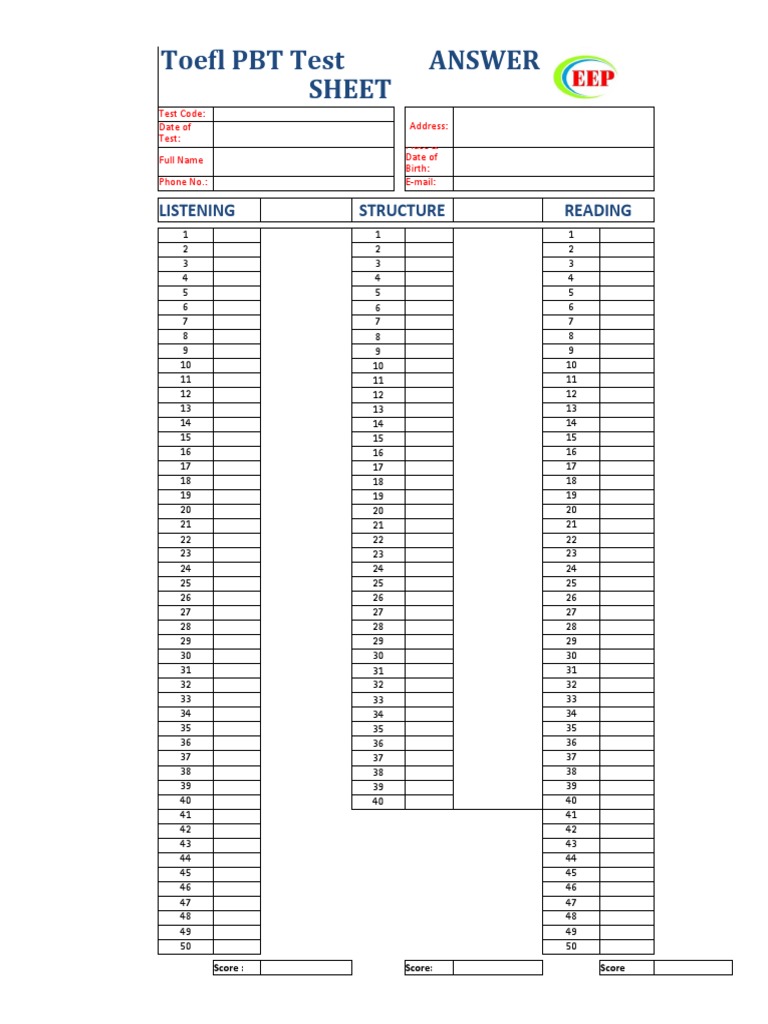 Toefl PBT Answer Sheet | PDF | Test Of English As A Foreign Language ...
