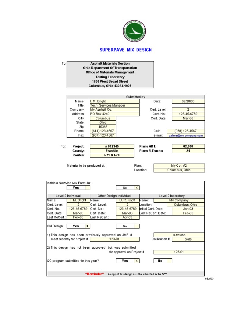 Proposed Job Mix Formula for Superpave Mix Design on Ohio Department of ...