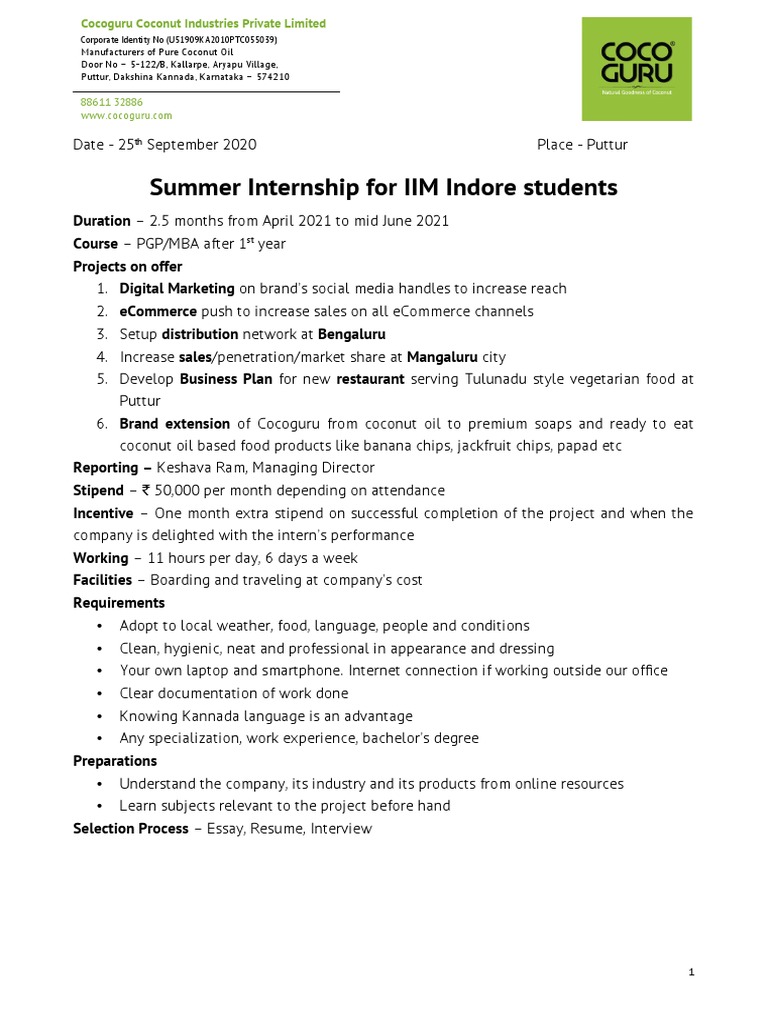 Summer Internship For IIM Indore Students | PDF