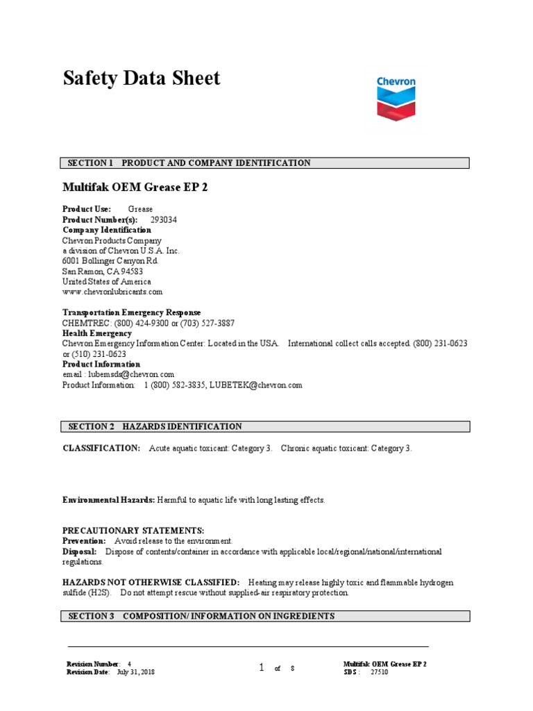 Safety Data Sheet: Multifak OEM Grease EP 2 | PDF | Toxicity | Personal ...