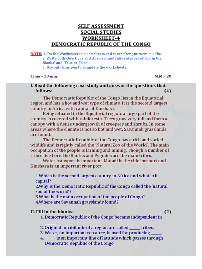 DRC Class 5 Social Studies Worksheet | PDF | Republic Of The Congo ...