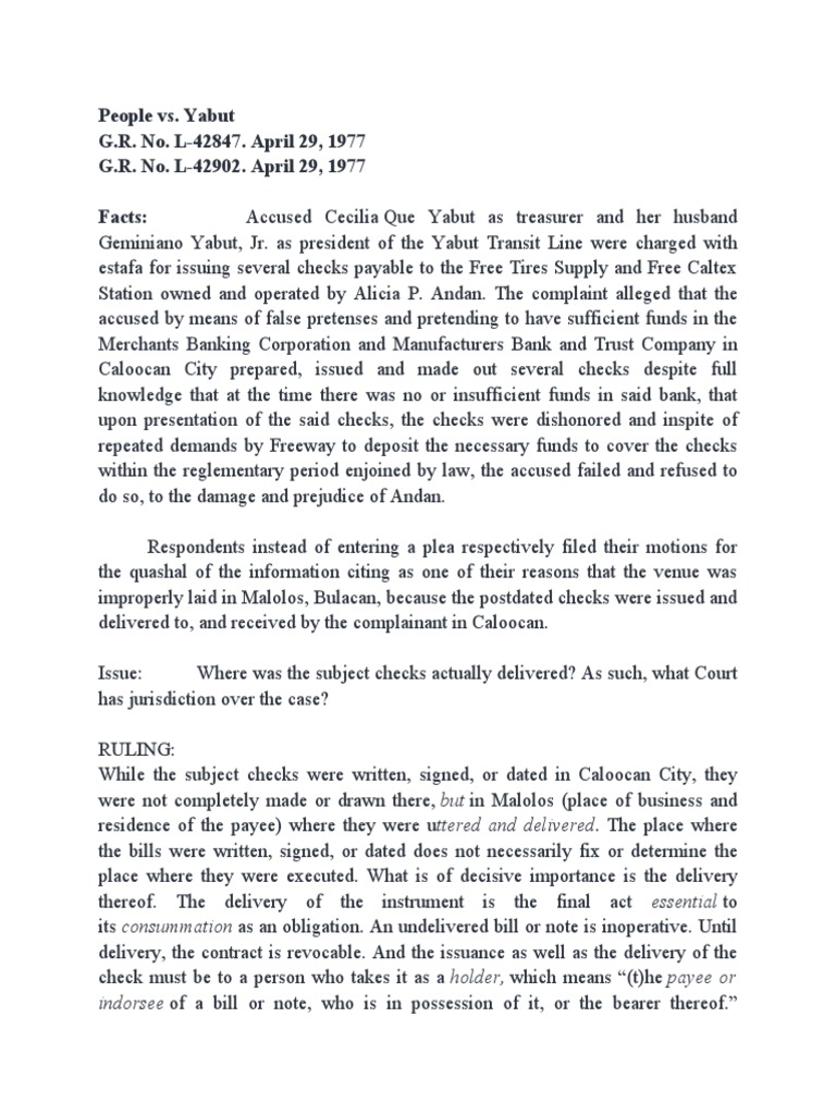 PP Vs Yabut Case Digest | PDF | Cheque | Payments