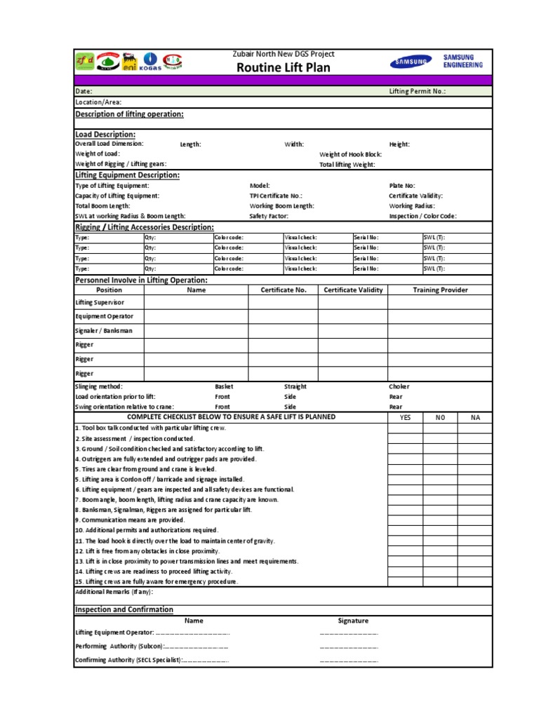 Lift Plan - Routine - Updated-October. 2017 - Rev 01 | PDF | Crane ...
