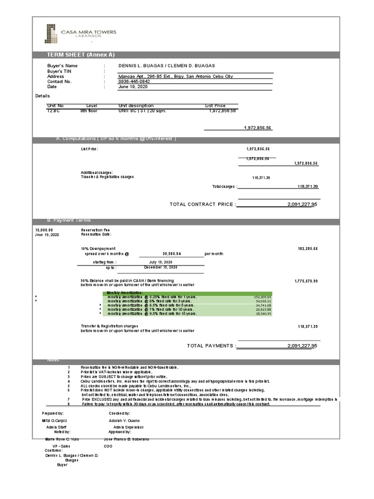 Term Sheet (Annex A) : A. Computations (DP So 6 Months at 0% Interest ...