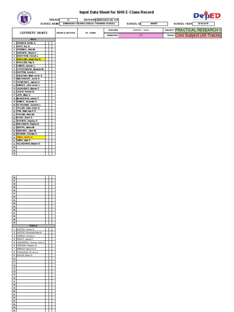 Input Data Sheet For SHS E-Class Record: Core Subject (All Tracks) | PDF