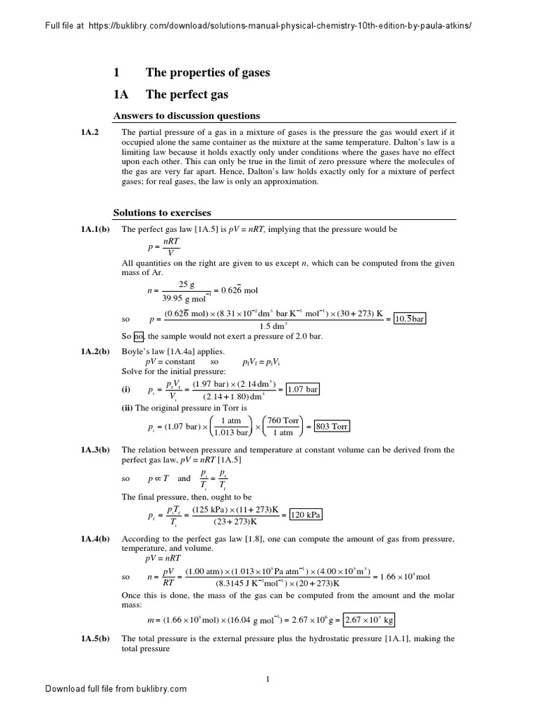 1 The Properties of Gases 1A The Perfect Gas: Answers To Discussion ...