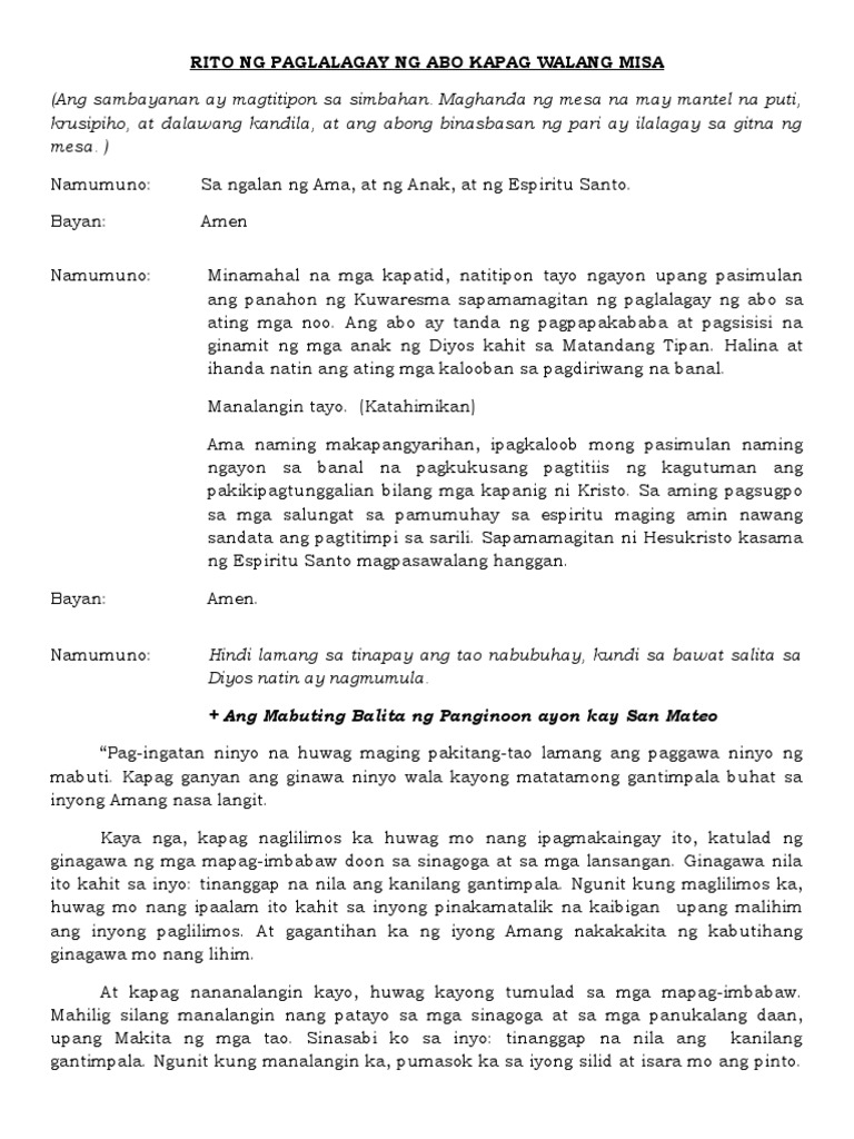 Rito NG Paglalagay NG Abo Kapag Walang Misa | PDF