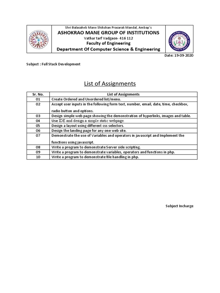 Full Stack Assignments List | PDF