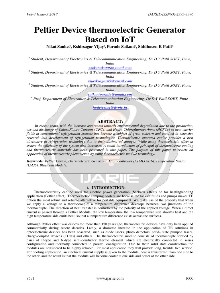 Peltier Device Thermoelectric Generator Based On Iot Pdf