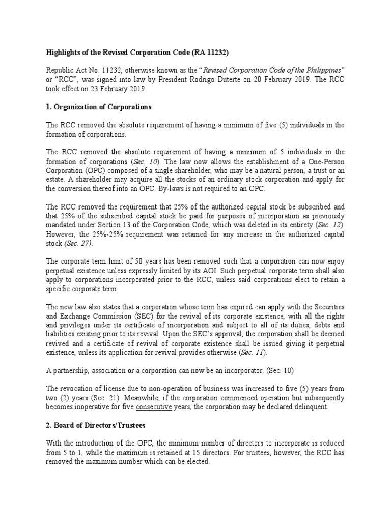 Highlights of The Revised Corporation Code (RA 11232) | PDF ...