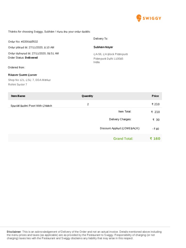 Swiggy Order Delivery Confirmation | PDF | Invoice | Fee