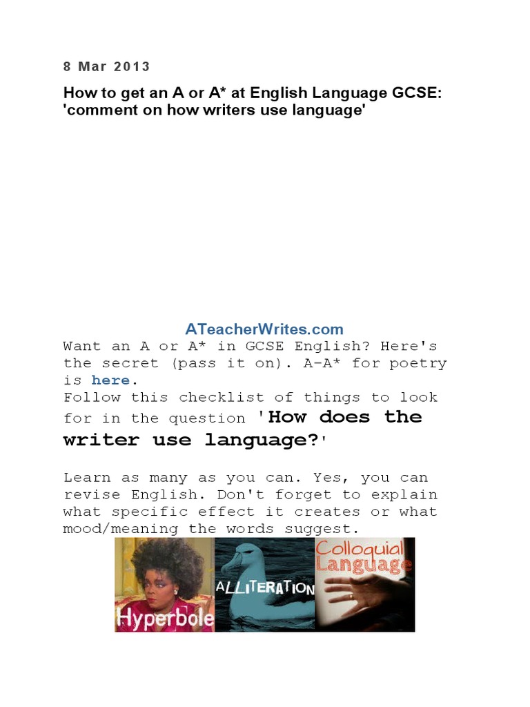 'How Does The Writer Use Language?: How To Get An A or A at English ...