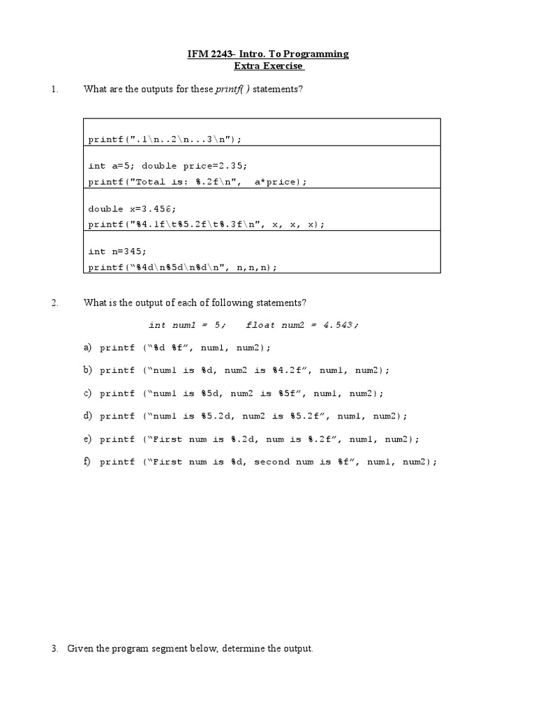 What Are The Outputs For These Printf Statements?: IFM 2243-Intro. To ...