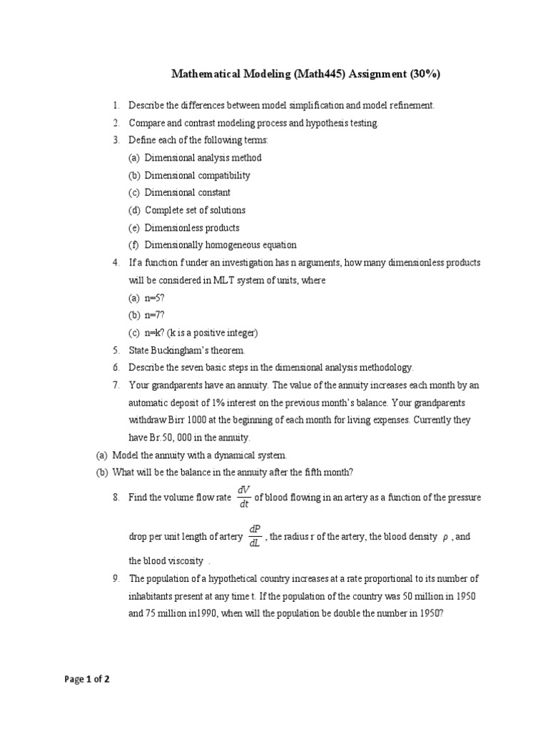 Mathematical Modeling (Math445) Assignment (30%) : dV dt dP dL ρ | PDF ...