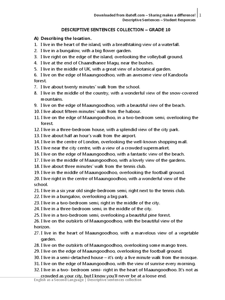 Descriptive Sentences Collection - Grade 10 A) Describing The Location ...