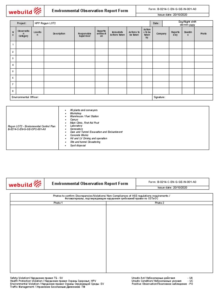 Environmental Observation Report Form: Project: HPP Rogun LOT2 Date ...
