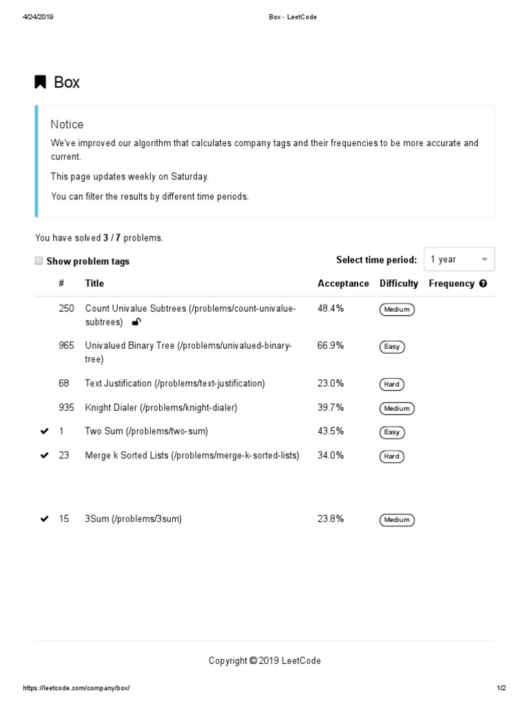 Notice: Select Time Period: Show Problem Tags # Title Acceptance Difficulty Frequency | PDF