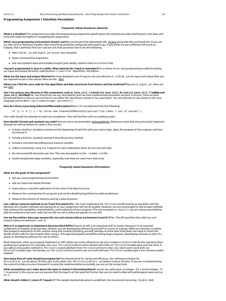Programming Assignment 1 Checklist: Percolation | PDF | Method ...