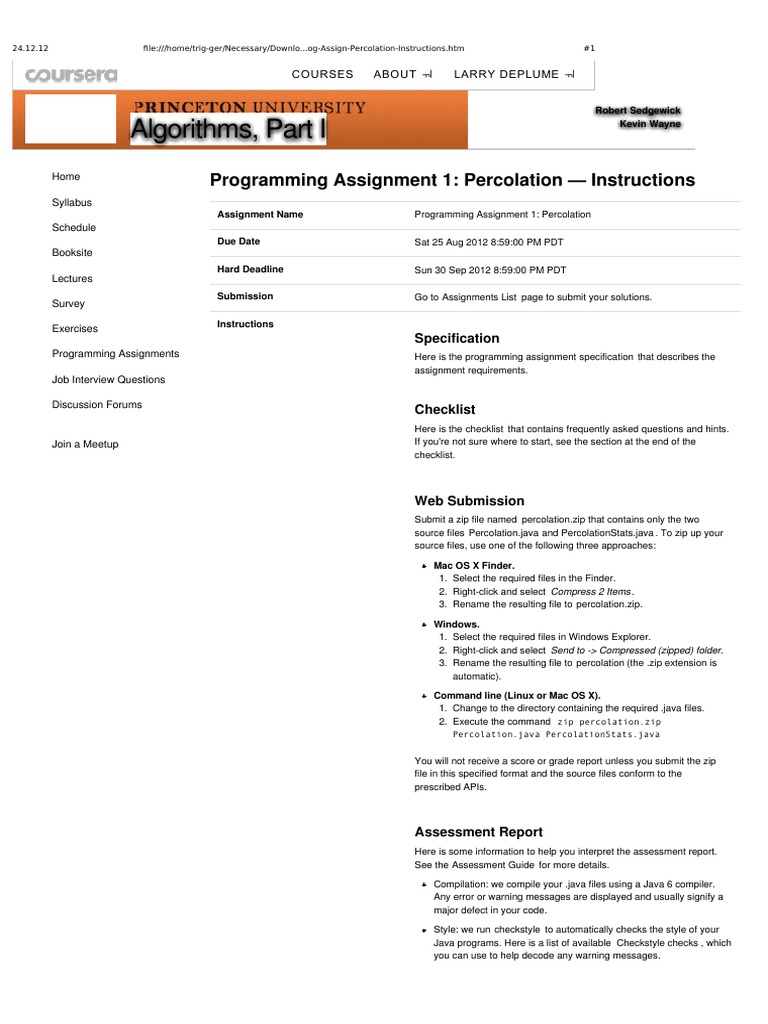 Algorithms, Part I: Programming Assignment 1: Percolation - Instructions | PDF | Zip (File ...