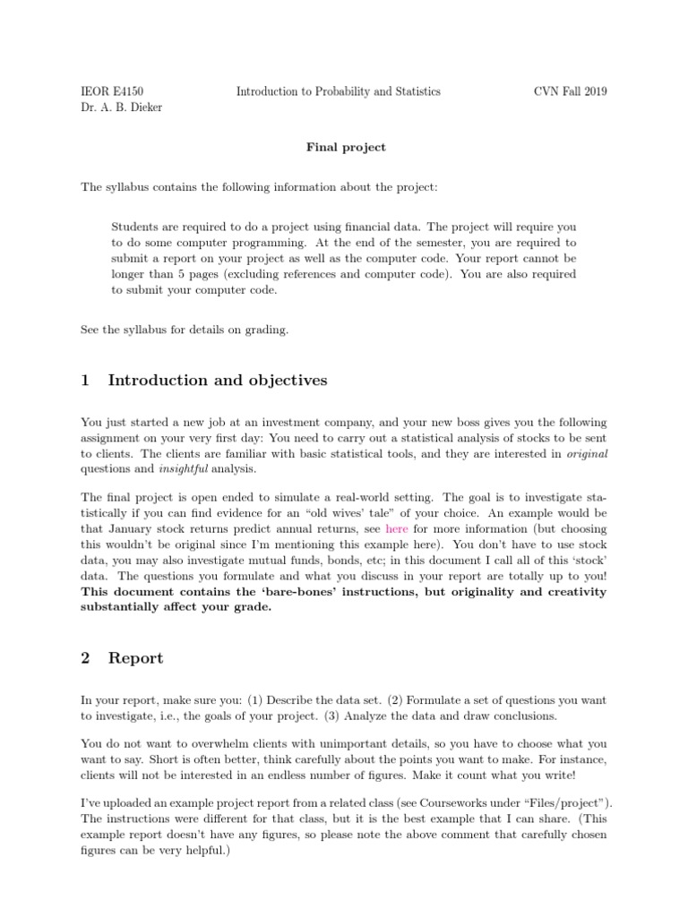 1 Introduction and Objectives: IEOR E4150 Introduction To Probability and Statistics CVN Fall ...