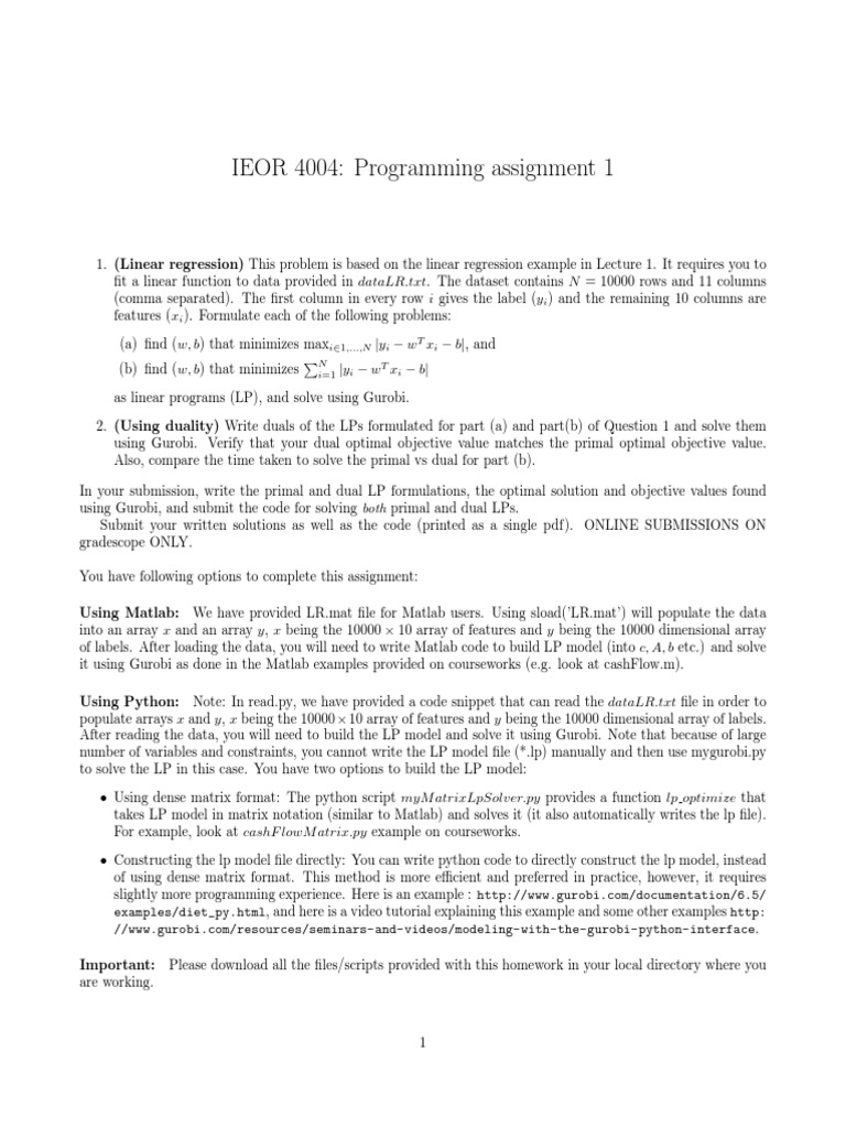 IEOR 4004: Programming Assignment 1: I I T I N I 1 I T I | PDF | Linear Programming | Matlab