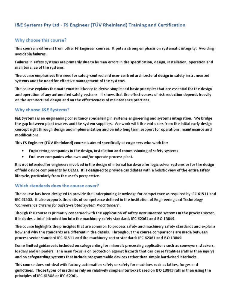 I&E Systems Pty LTD FS Engineer (TÜV Rheinland) Training and ...