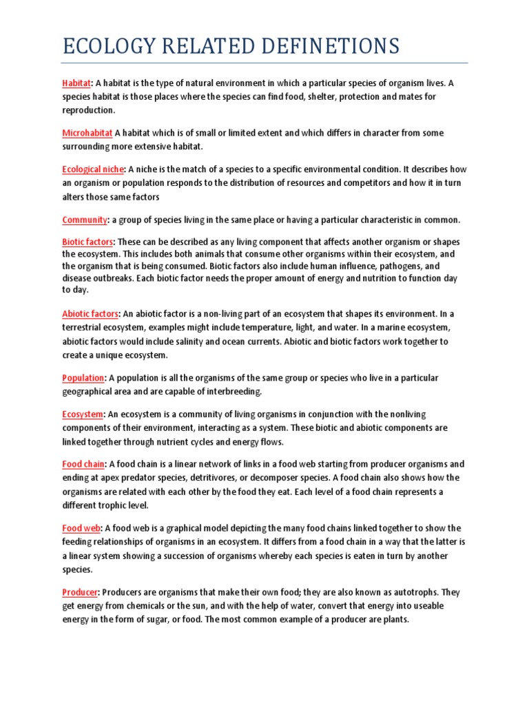 Key Ecology Definitions Explained | PDF | Food Web | Ecological Niche