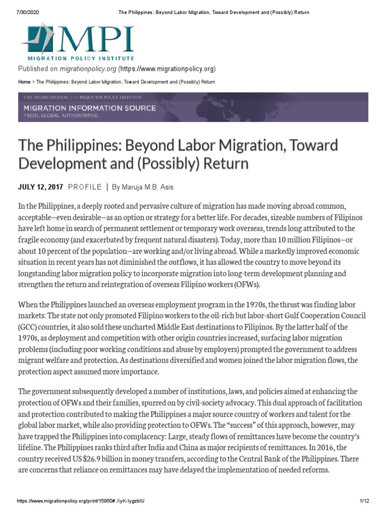 The Philippines - Beyond Labor Migration, Toward Development and (Possibly) Return | PDF ...