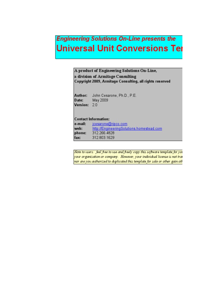 Universal Unit Conversions Template: Engineering Solutions On-Line ...