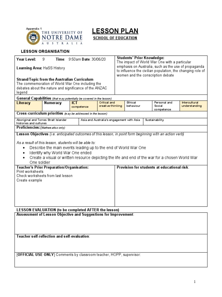 Year 9 World War One Lesson Plan | PDF | Worksheet | Educational Technology