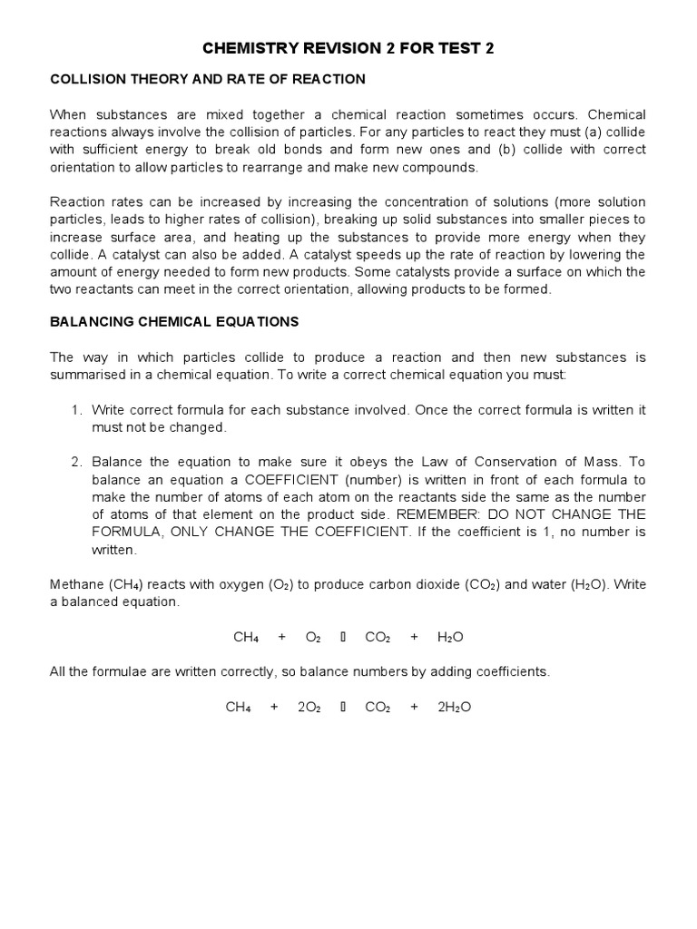 Chemistry Revision 2 For Test 2: Collision Theory and Rate of Reaction ...