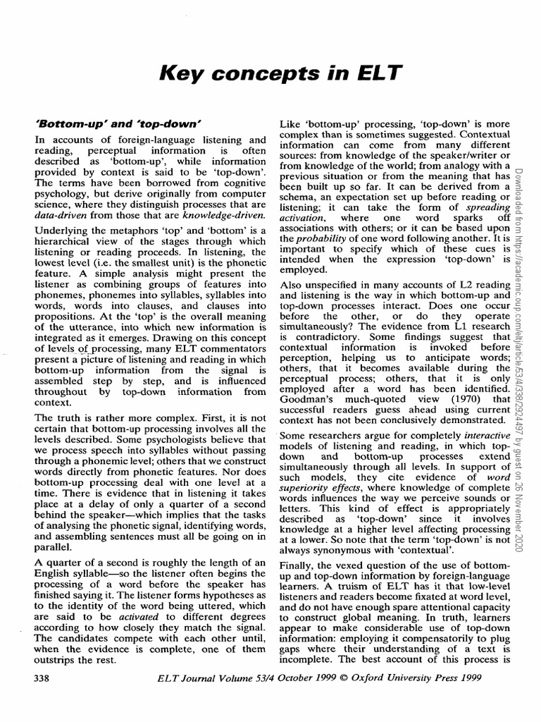 Key Concepts in ELT: 'Bottom-Up' and 'Top-Down' | PDF | Top Down And Bottom Up Design | Perception