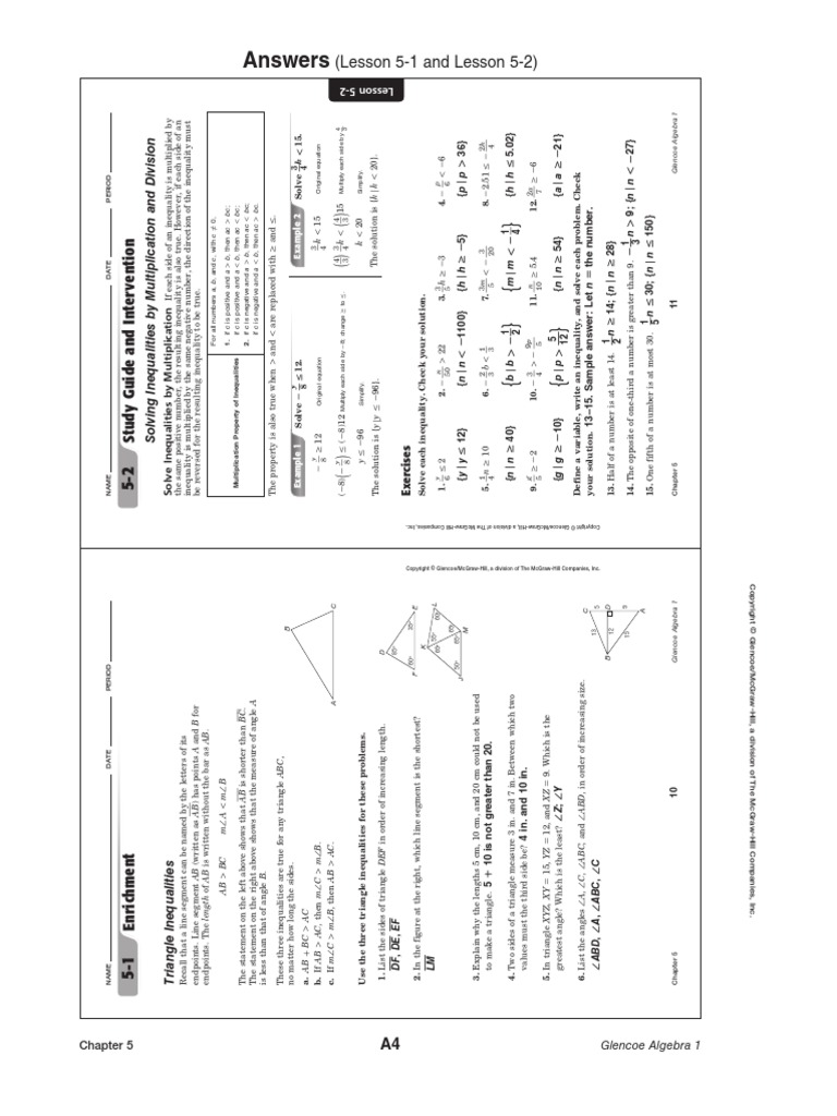 Answers: (Lesson 5-1 and Lesson 5-2) | PDF | Inequality (Mathematics) | Numbers