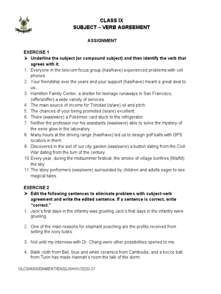 Class 9 - Assignment - English - Subject Verb Agreement | PDF