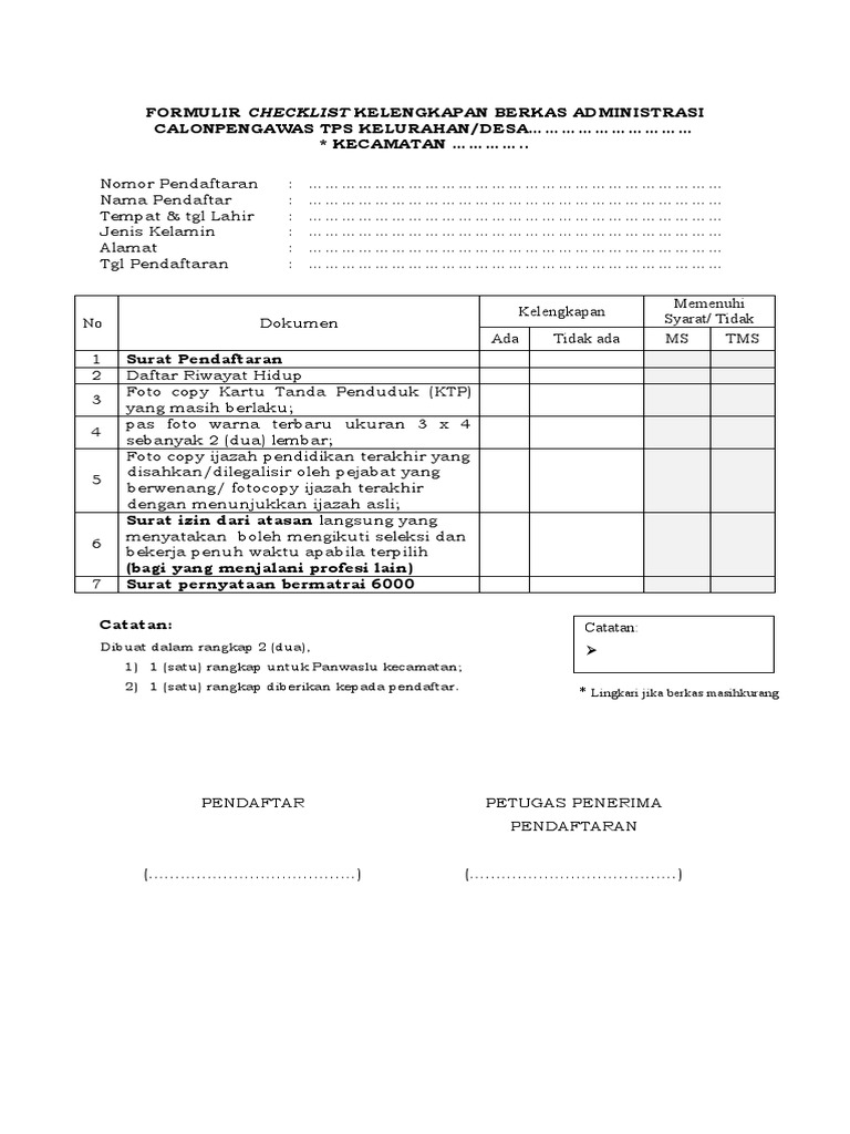 Formulir Checklist Kelengkapan Berkas Administrasi | PDF