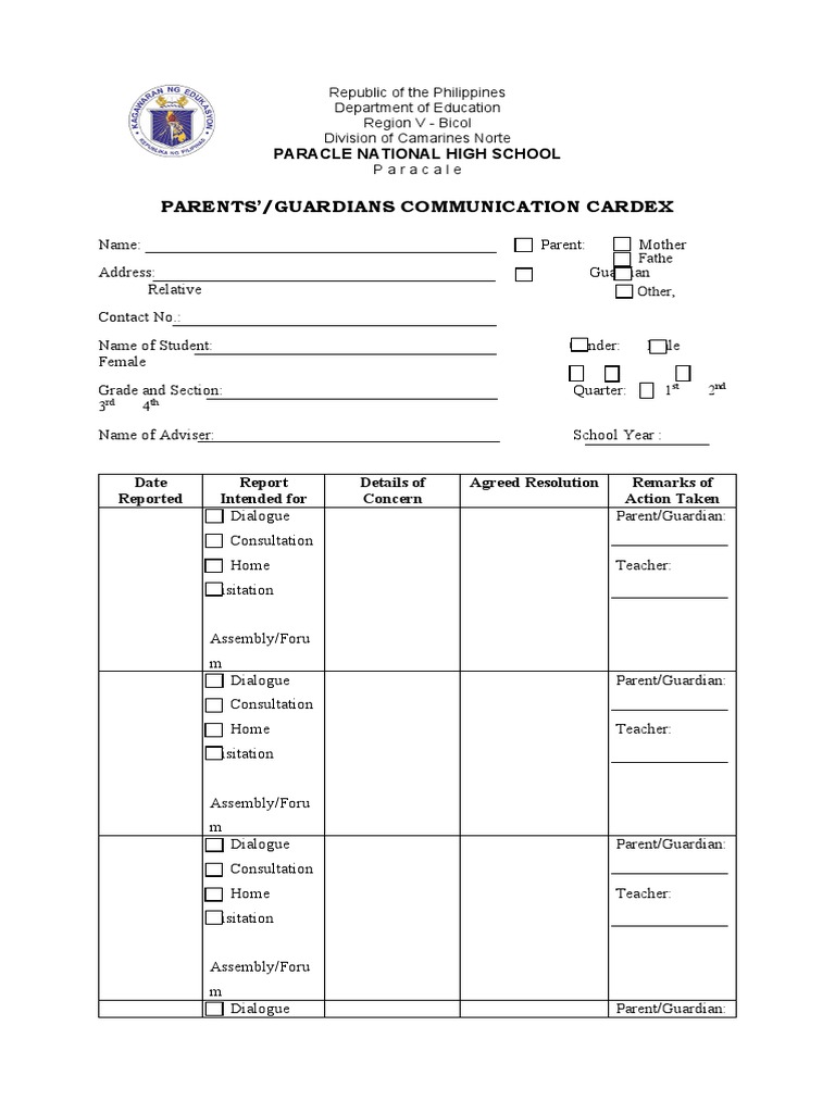 Parents' Communication Cardex Form | PDF | Learning