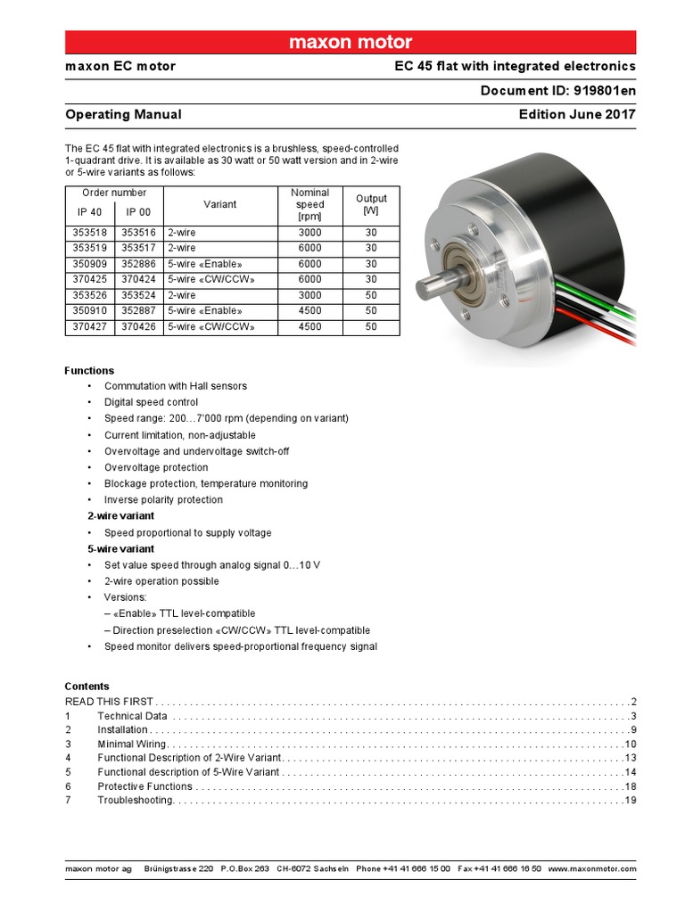 Maxon EC Motor EC 45 Flat With Integrated Electronics Document ID: 919801en Operating Manual ...