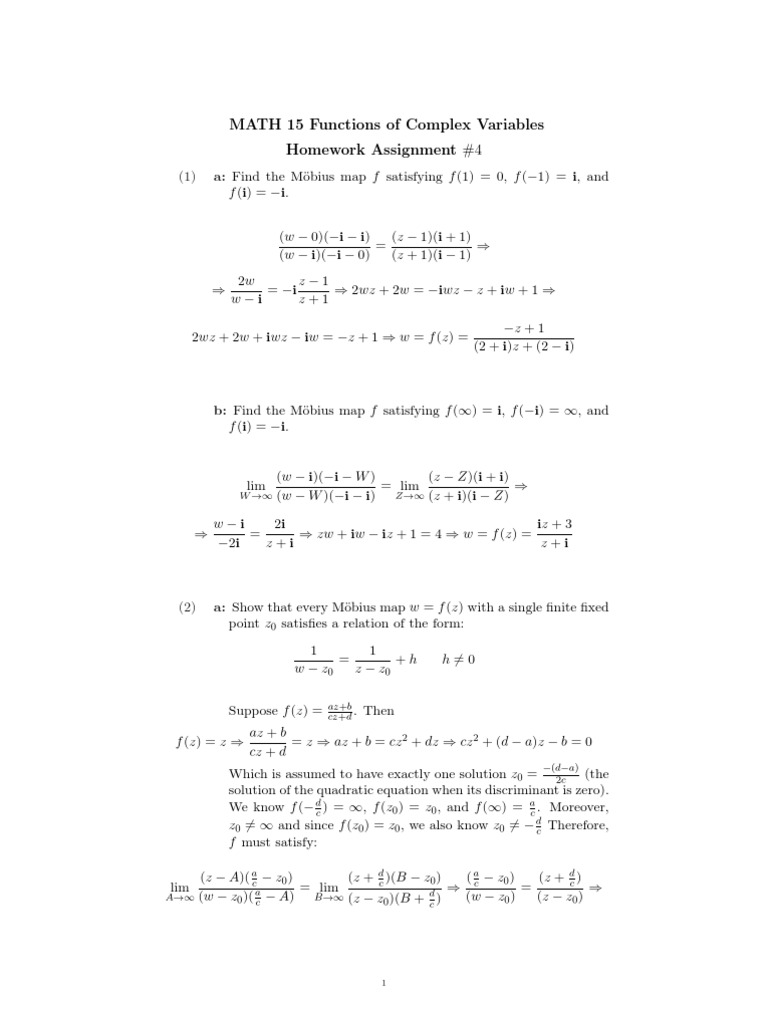 MATH 15 Functions of Complex Variables Homework Assignment #4 | PDF | Mathematical Concepts ...
