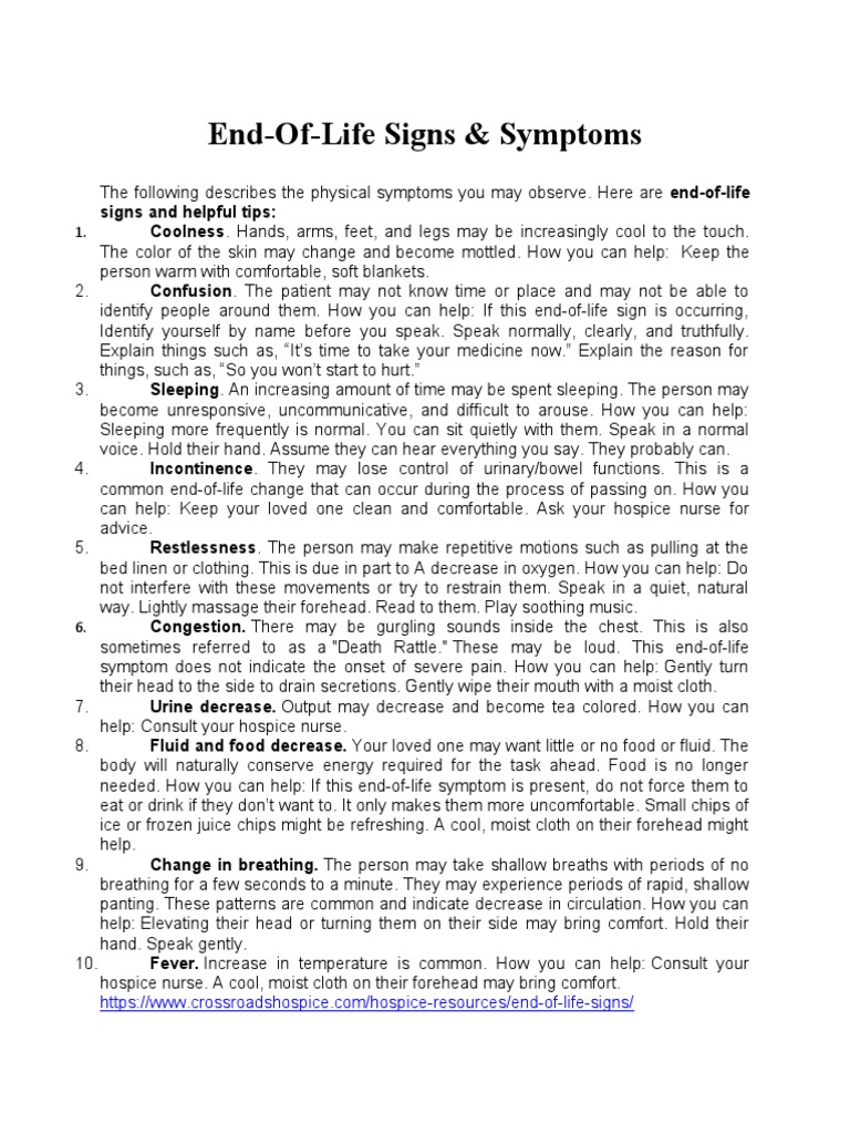 End of Life Signs and Symptoms | PDF | End Of Life Care | Physiology