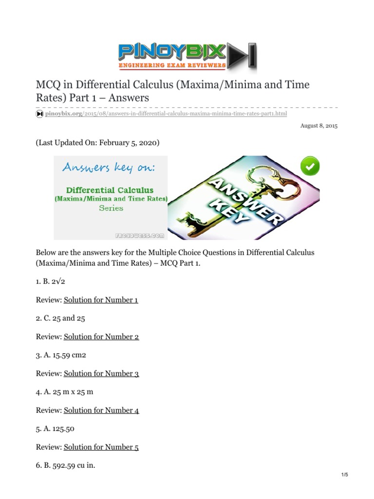 MCQ in Differential Calculus MaximaMinima and Time Rates Part 1 Answers ...