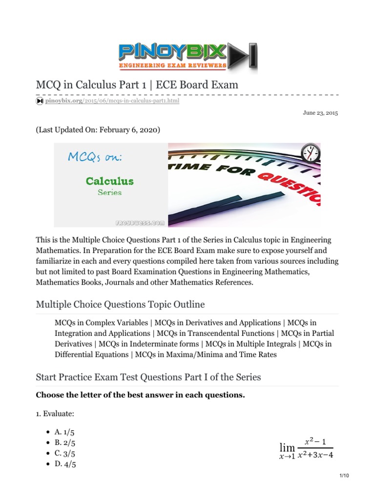 ECE Board Exam Calculus MCQs Part 1 | PDF | Multiple Choice | Area