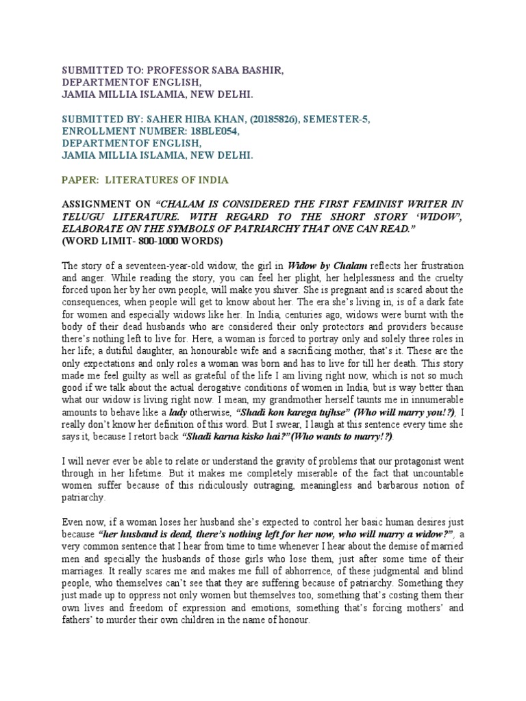 Assignment - Literatures of India, (Widow by Chalam), Submitted by ...
