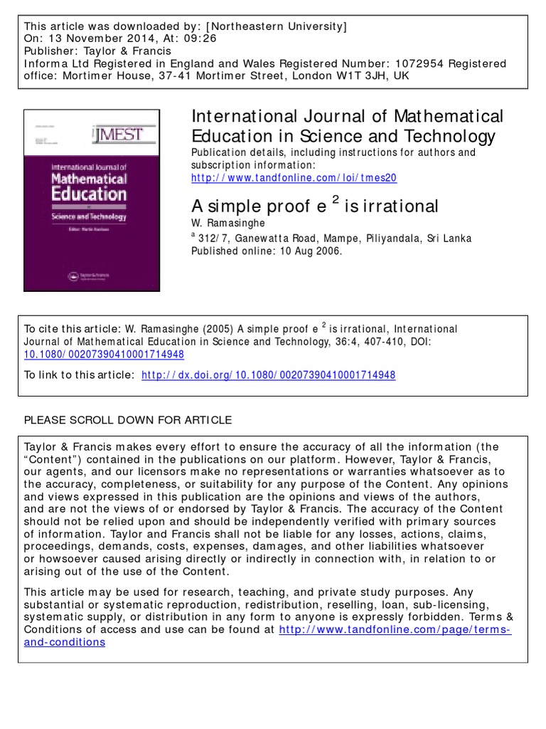 A Simple Proof that e^2 is Irrational | PDF | Mathematical Proof | Theorem