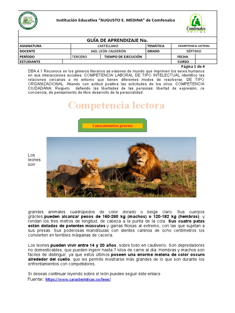 Taller Comprensión de Lectura El León | PDF | León