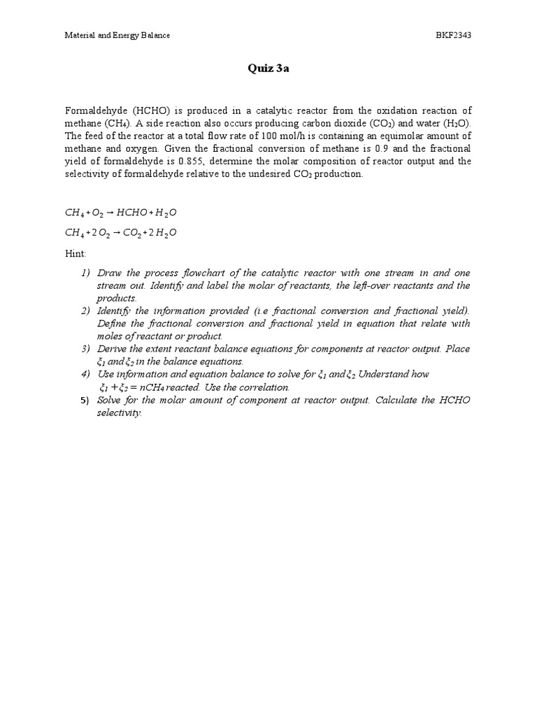Quiz 3a: Material and Energy Balance BKF2343 | PDF
