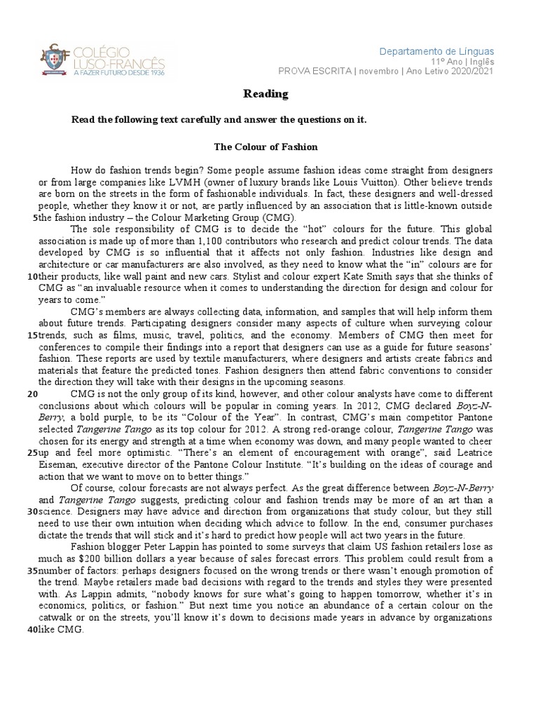 Reading: Read The Following Text Carefully and Answer The Questions On ...