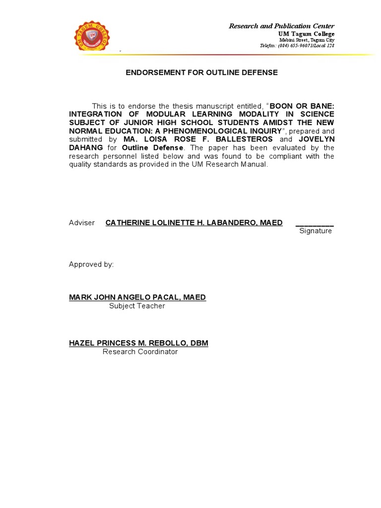 Endorsement For Outline Defense | PDF