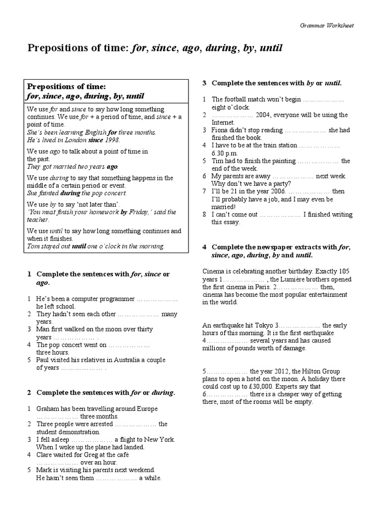 Prepositions of Time: For, Since, Ago, During, By, Until | PDF